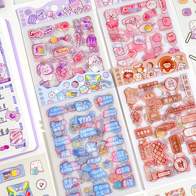 4 Sheets Transparent Frosted Cartoon Stickers Pack Student Stationery ...