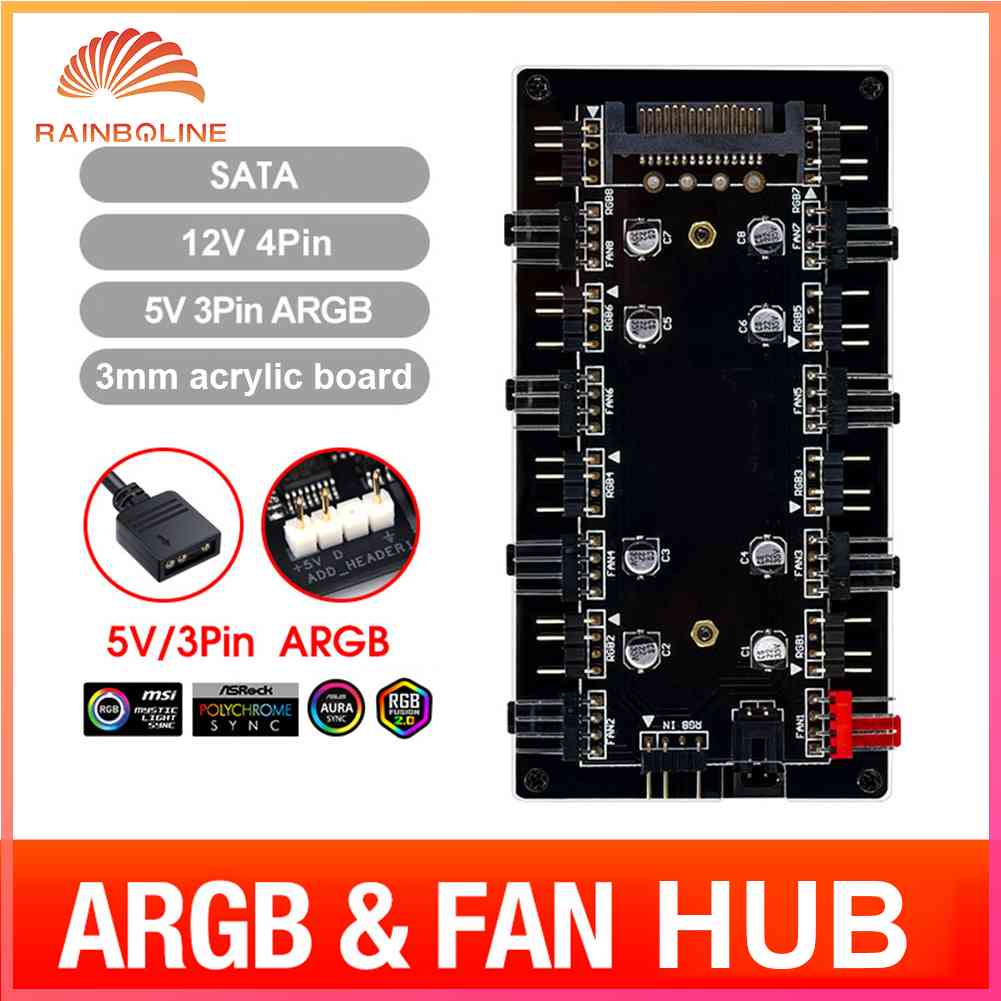 Rain 5V/3 Pin ARGB 4 Pin Fan PWM HUB 1 To 8 Way Cooler Fan HUB Splitter for Motherboard LED ...