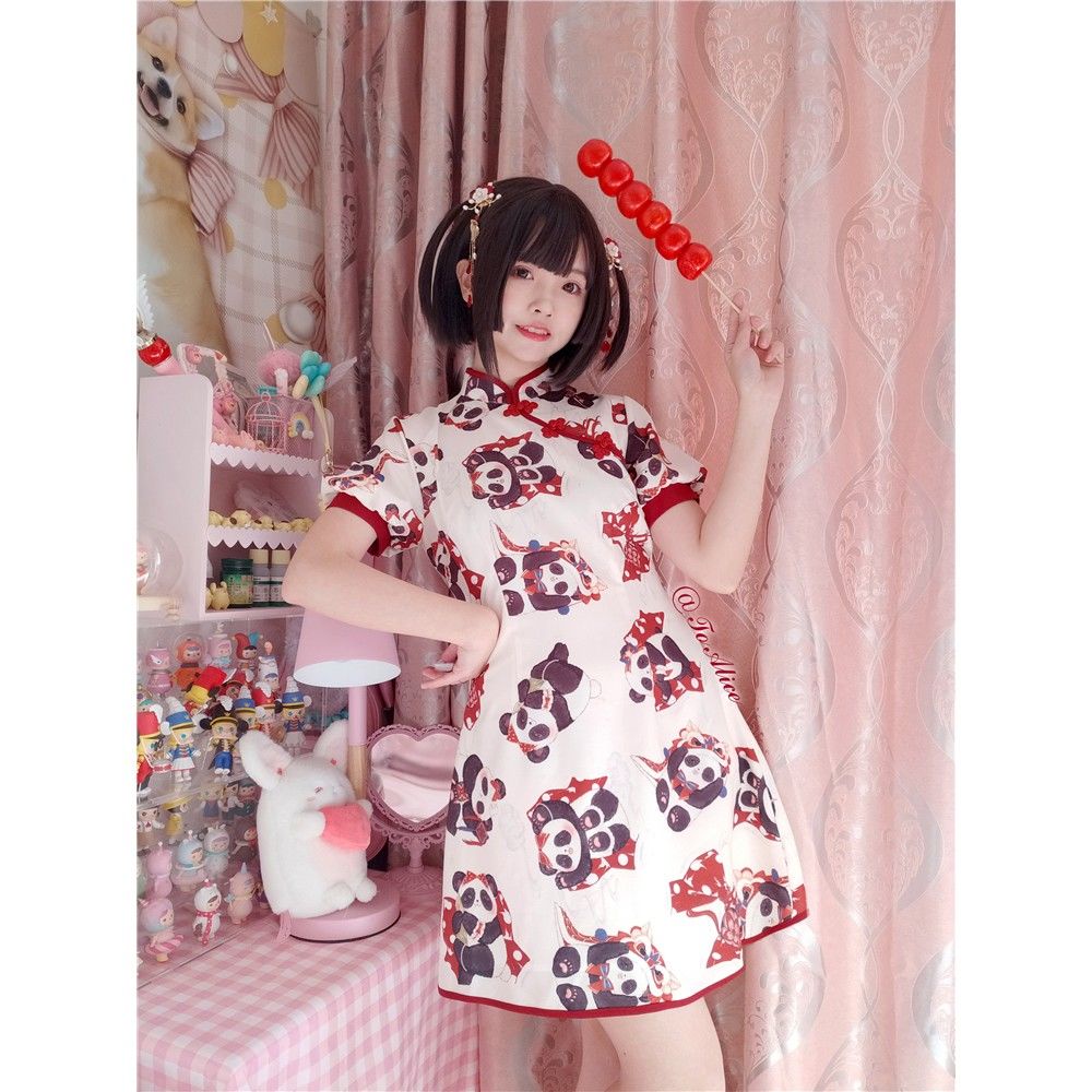 【40-100kg m-5XL】300斤大码女装国潮熊猫印花旗袍连衣裙夏季胖mm可爱复古连衣裙潮dress fat bigsize overszie | Shopee Malaysia