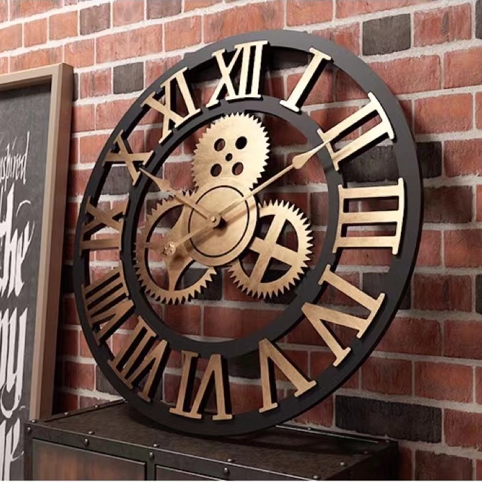 『JQ Time』 Retro Silent Wall Clock wooden gear clock Industrial style ...