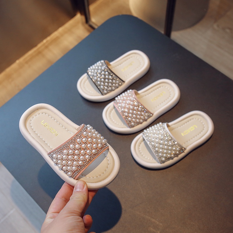 Fashion All-match Baby Girls Leather Slippers Rhinestones Pearl Soft ...