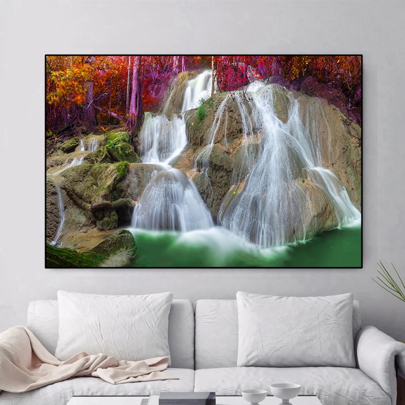 Landskap Lake Forest Waterfall Green Tree Canvas lukisan poster dan ...