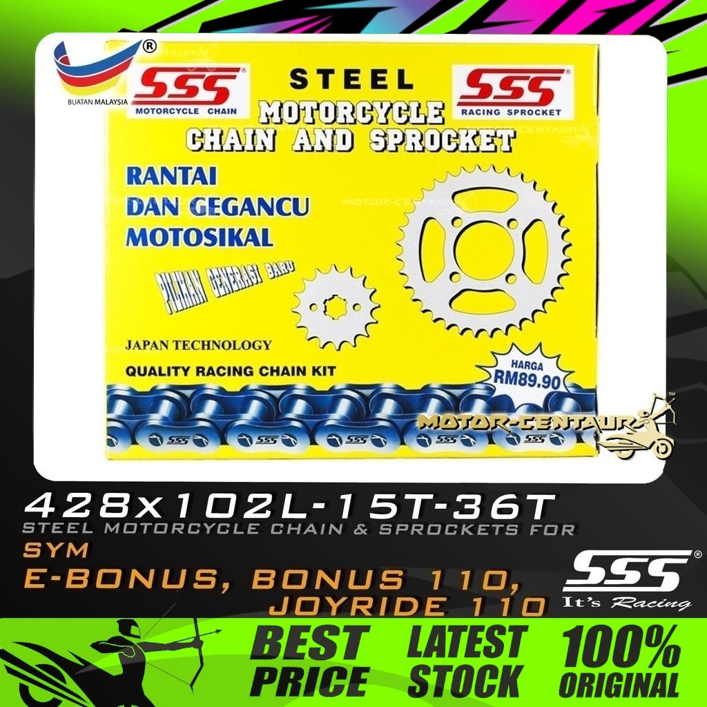 RANTAI DAN SPROCKET SET SSS CHAIN & SPROCKETS 428 X 102L/15T/36T FOR SYM BONUS 110, E-BONUS ...