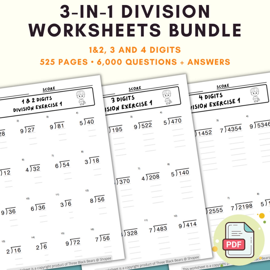 [PDF] Printable Division Mathematics Worksheets 3-IN-1 Bundle | 525 ...