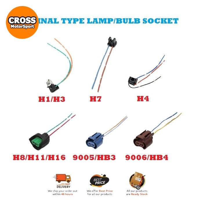 CAR HEADLIGHT ORIGINAL OEM TYPE BULB SOCKET ADAPTER WIRING HARNESS H1 H3 H7 H8 H11 9005 HB3 9006 ...