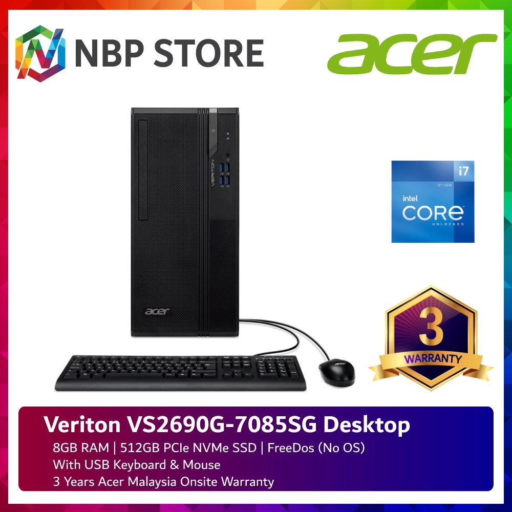 Acer Veriton VS2690G-7085SG Desktop PC Black ( I7-12700, 8GB, 512GB ...