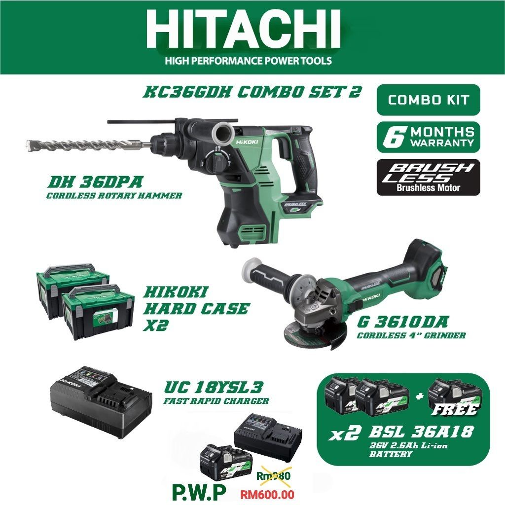 HITACHI KC36GDH 36V COMBO SET ( DH36DPA Rotary Hammer + C3610DA Angle ...