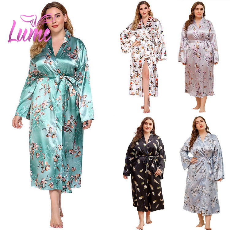 Plus Size 1XL-4XL Women Pajamas Sexy Robe V Neck Robe Silk Satin ...