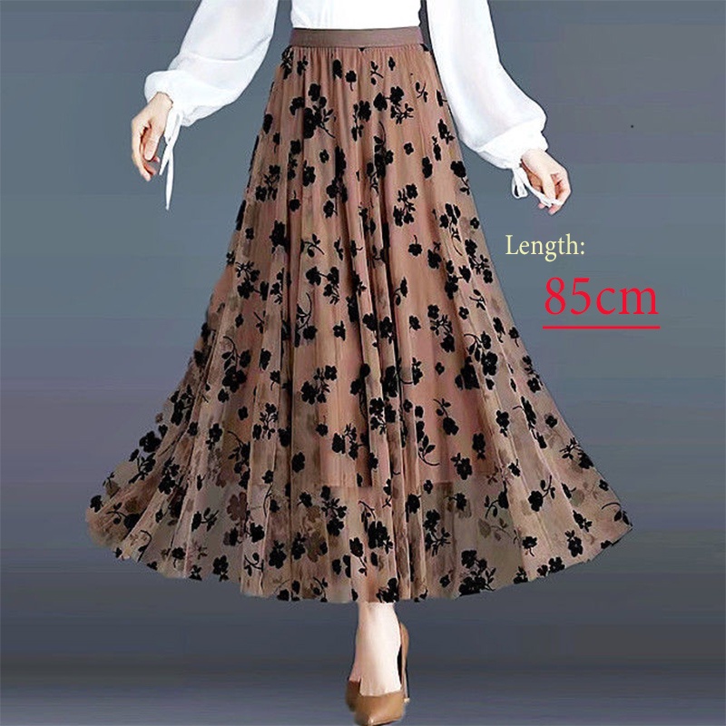 [85cm]Fashion women's maxi skirt Flower embroidery Tulle lace black ...