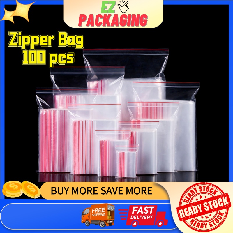 100Pcs Ziplock Clear Resealable PE Plastic Bags storage transparent ...
