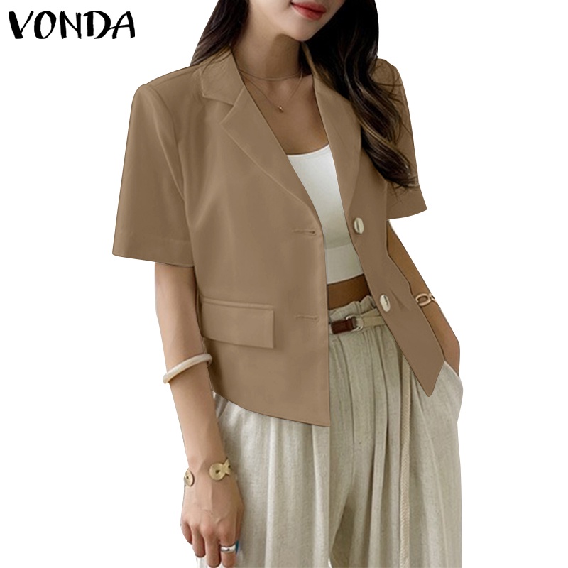 VONDA Women Korean Simple Casual V-neck Short Sleeve Soild Color False ...