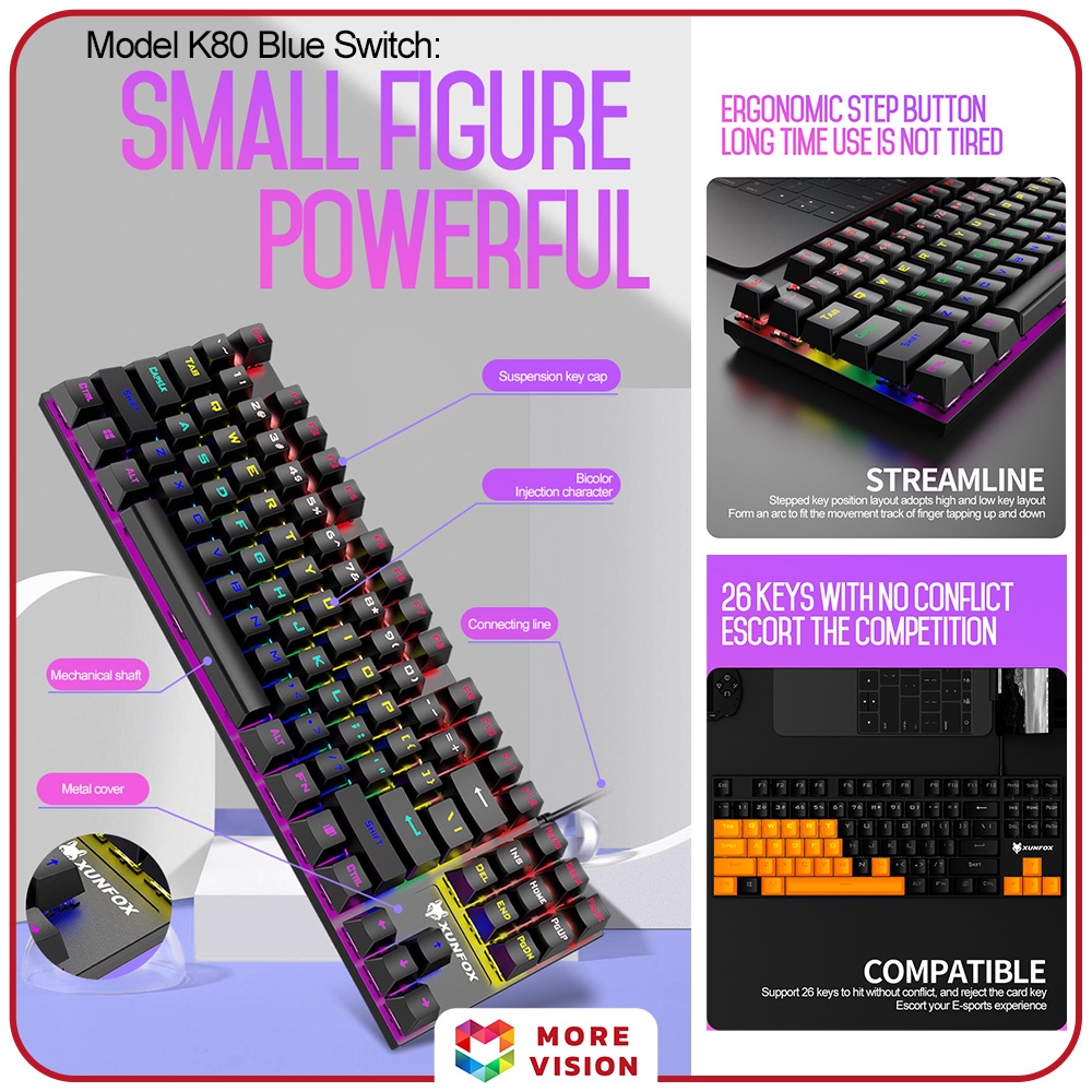 XUNFOX K80 K10 Gaming Mechanical Keyboard USB Luminous RGB Light Color ...
