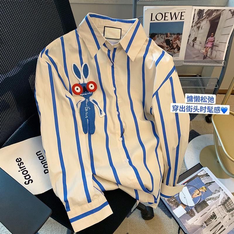 Rabbit Embroidery Blue Stripe Shirt Women's Vintage Polo Neck Shirt ...