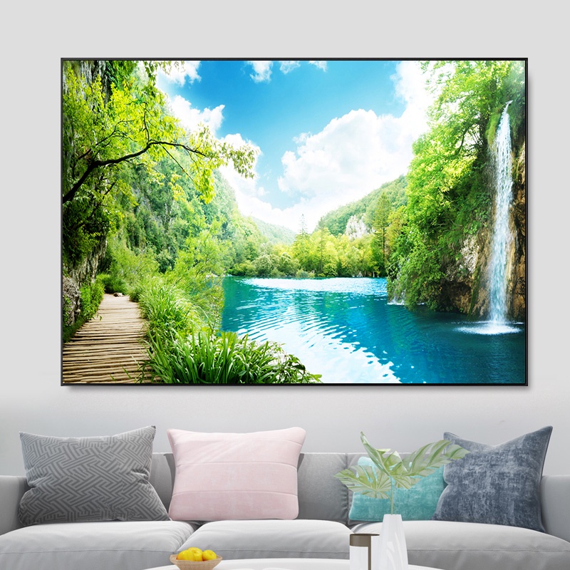 Landskap Lake Forest Waterfall Green Tree Canvas lukisan poster dan ...
