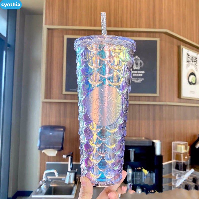 710ml/24oz Starbucks Mermaid Scales Cup Fish Scale Cup Tumbler Double ...