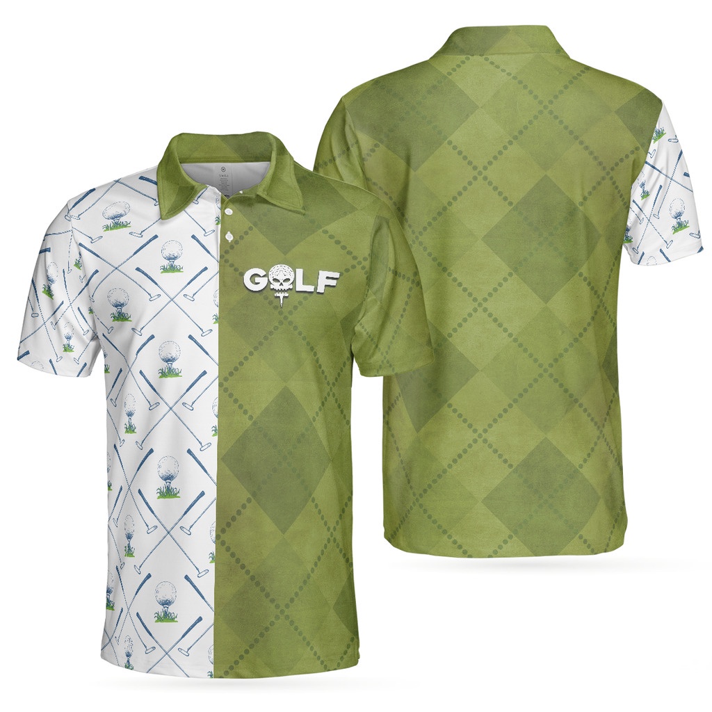 Golf Pattern Green And White Polo Shirt, Golf Club Argyle Pattern Skull ...