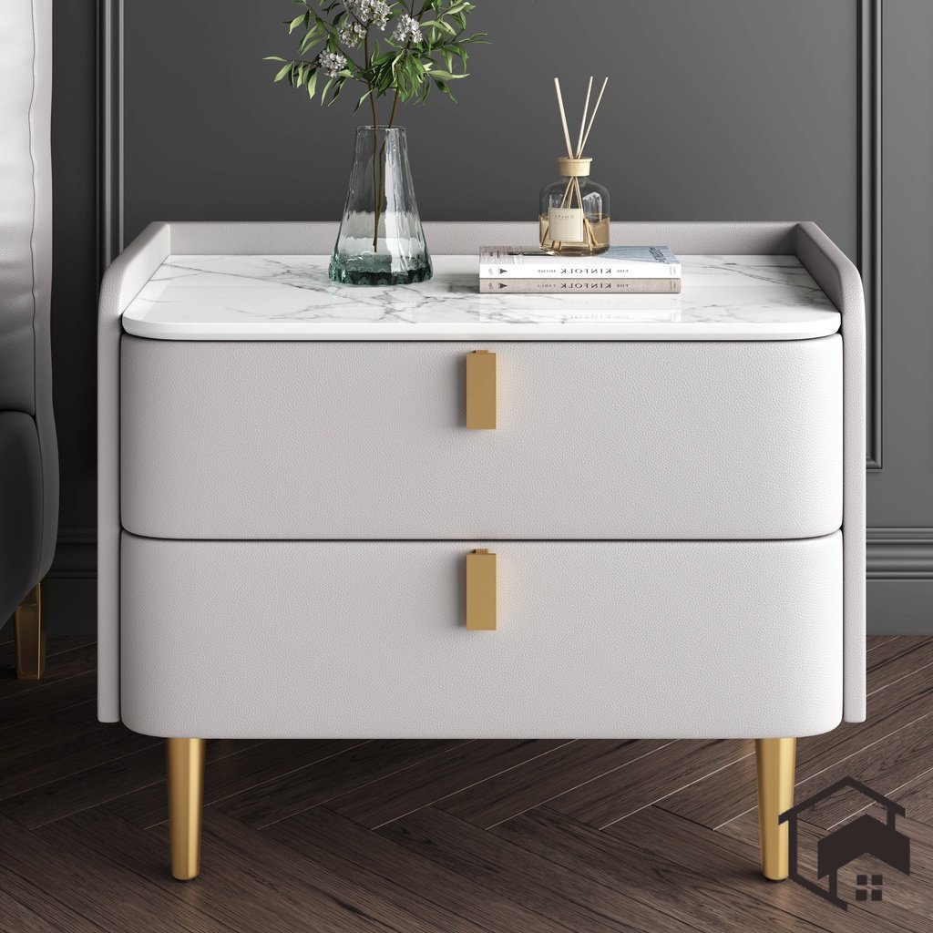 Bedside Table Solid Wood Sintered Stone Leather Bedroom Bedside Table ...