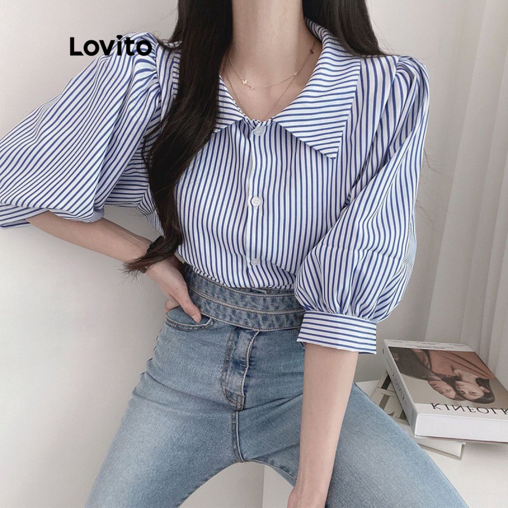 Lovito Elegant Blouse Striped Button Puff Sleeve Collar Short Sleeves ...