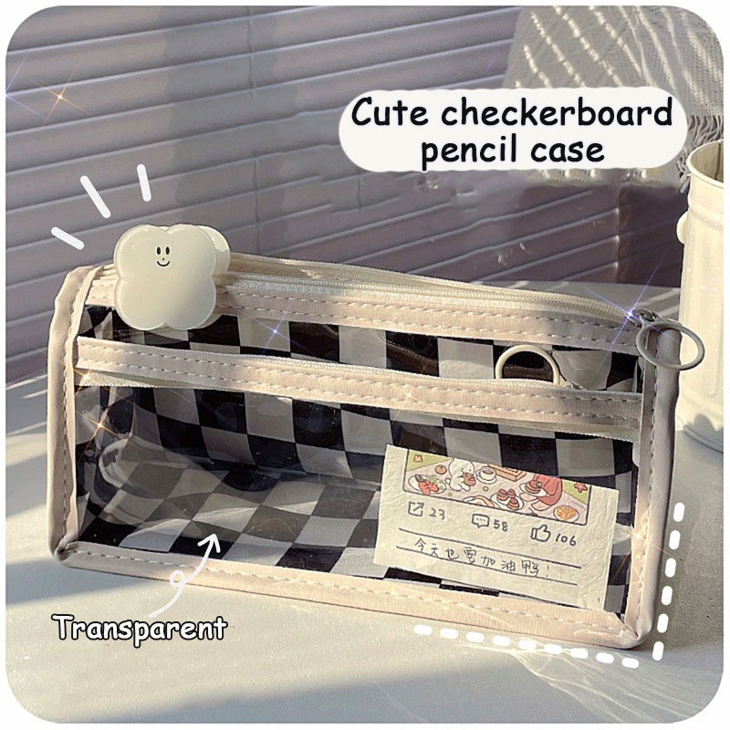 Checkerboard Pencil Case Simple Large Capacity Student Stationery Box ...