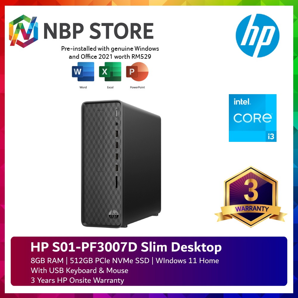 HP S01-PF3007D Slim Desktop PC ( I3-13100, 8GB, 512GB SSD, Intel, W11 ...