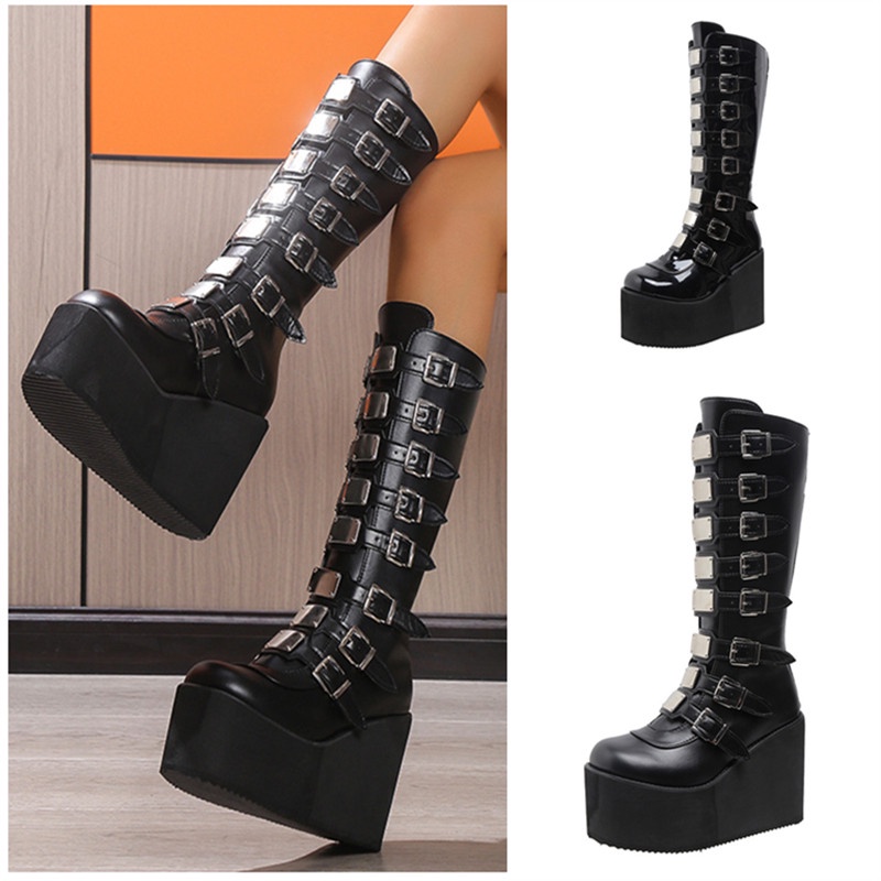Plus Size Women's Autumn Vintage Zipper Punk Boots Fashion Leather ...