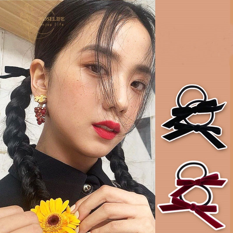 Roselife Korean Jisoo Style Red Black Velvet Hair Bow Scrunchies for ...