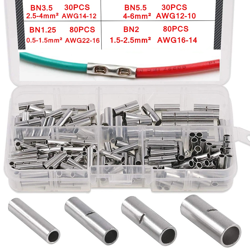 220PCS BN1.25 BN2 BN3.5 BN5.5 Bare End Cable Connector Bulk Box Crimp Terminal Copper Splice ...