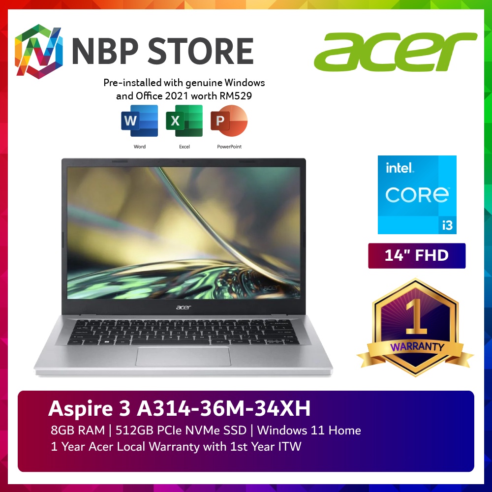 Acer Aspire 3 A314-36M-34XH 14'' FHD Laptop Pure Silver ( I3-N305, 8GB ...