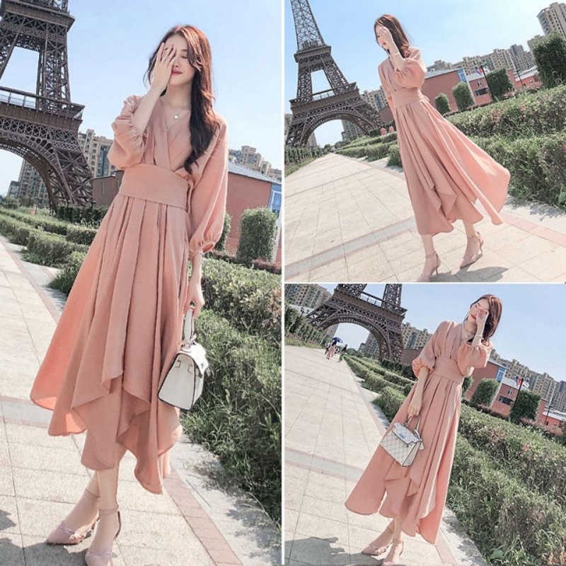 Ready Stock Women V-Neck Pink Dress Chiffon douyin dress | Shopee Malaysia