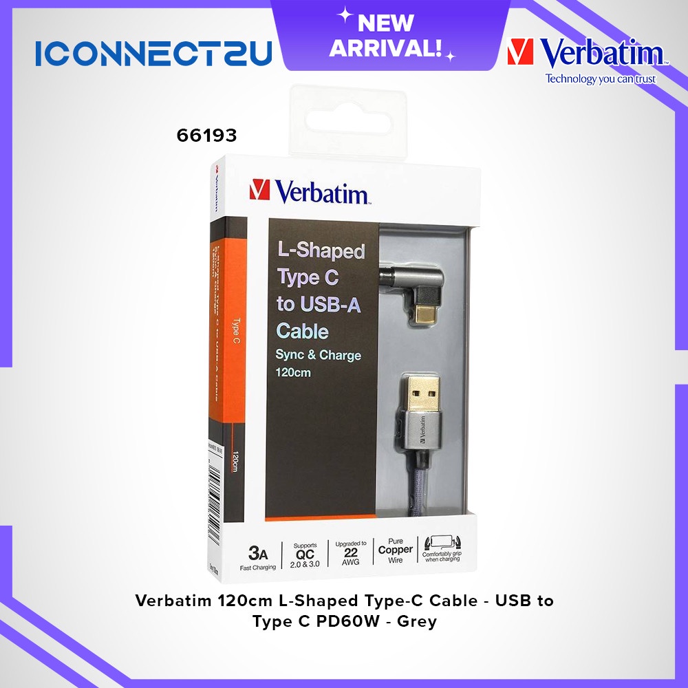 Verbatim 66193 120cm L-Shaped USB to Type-C Cable - Grey | Shopee Malaysia