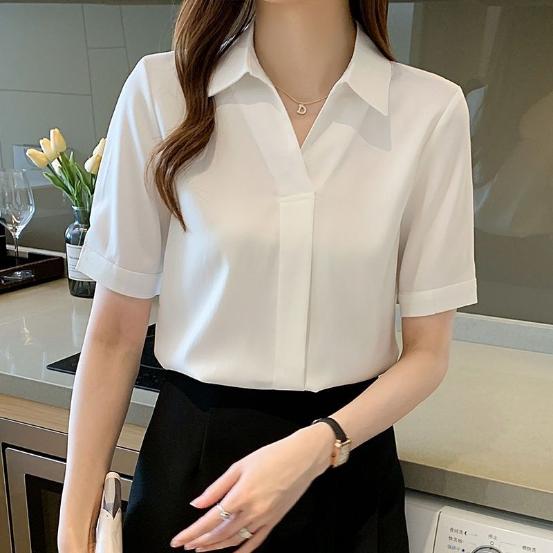 Women Short Sleeve Solid White Blouses Female Casual Office Wear Top Shirts | Shopee Malaysia