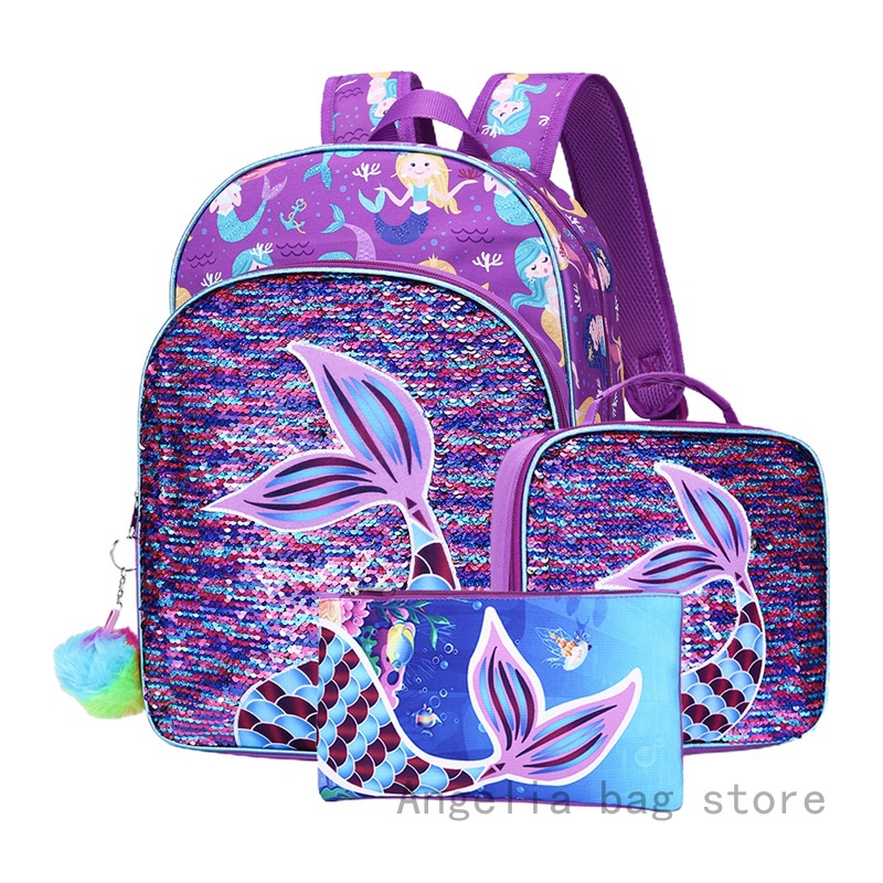 3PCS Mermaid Backpack for Girls, 16" Sequin Prechool Elementary Bookbag ...