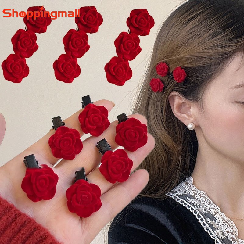 Women Children Flocked Red Rose Flowers Hair Accessories Hairpin ...