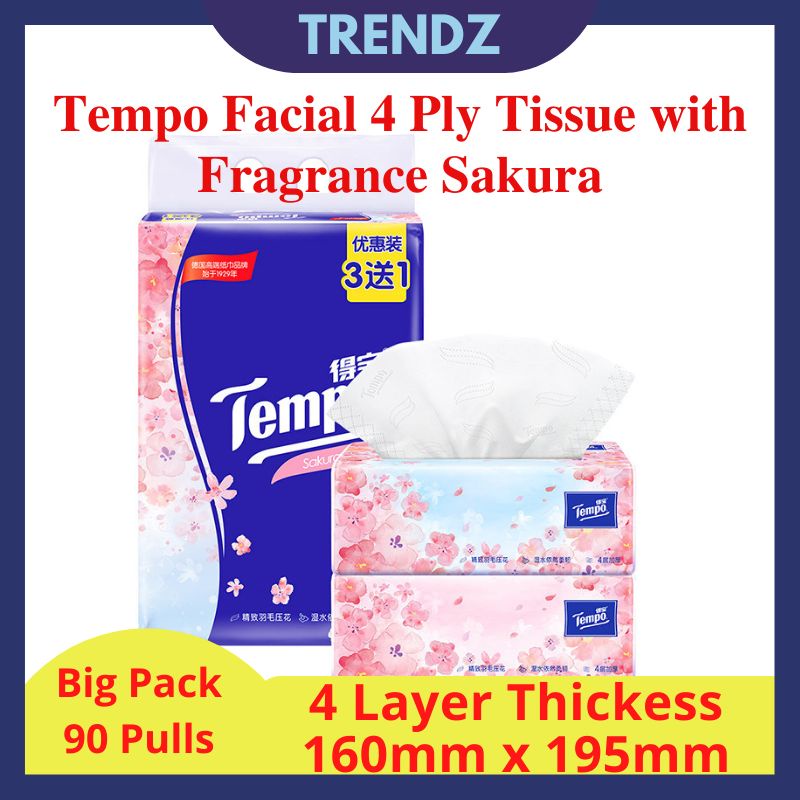 Tempo Facial Tissue 4 ply 90 Pulls per Pack with fragrance Sakura 3+1 ...