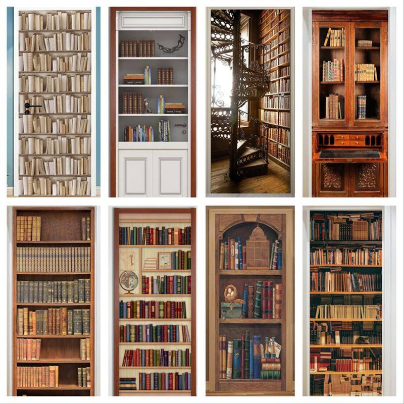 Custom Wooden Bookshelf Door Stickers Spiral Staircase Library Retro ...