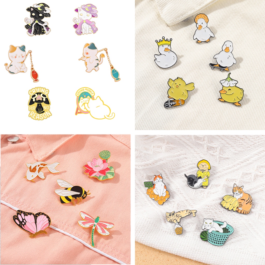 Cartoon Animal Enamel Pins Cute Animals and Plants Duck Cat Butterfly ...