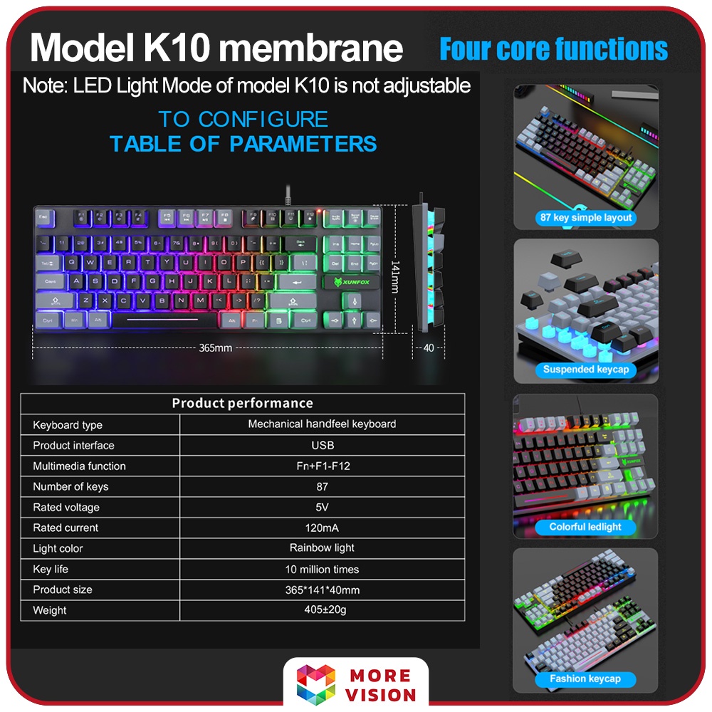 XUNFOX K80 K10 Gaming Mechanical Keyboard USB Luminous RGB Light Color Wired 87 keys with for PC ...