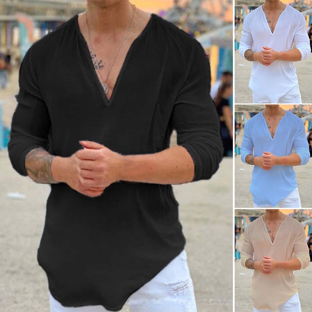 Men T-Shirt Deep V-neck Dress Men's Shirts Solid Color Up Casual Indoor ...