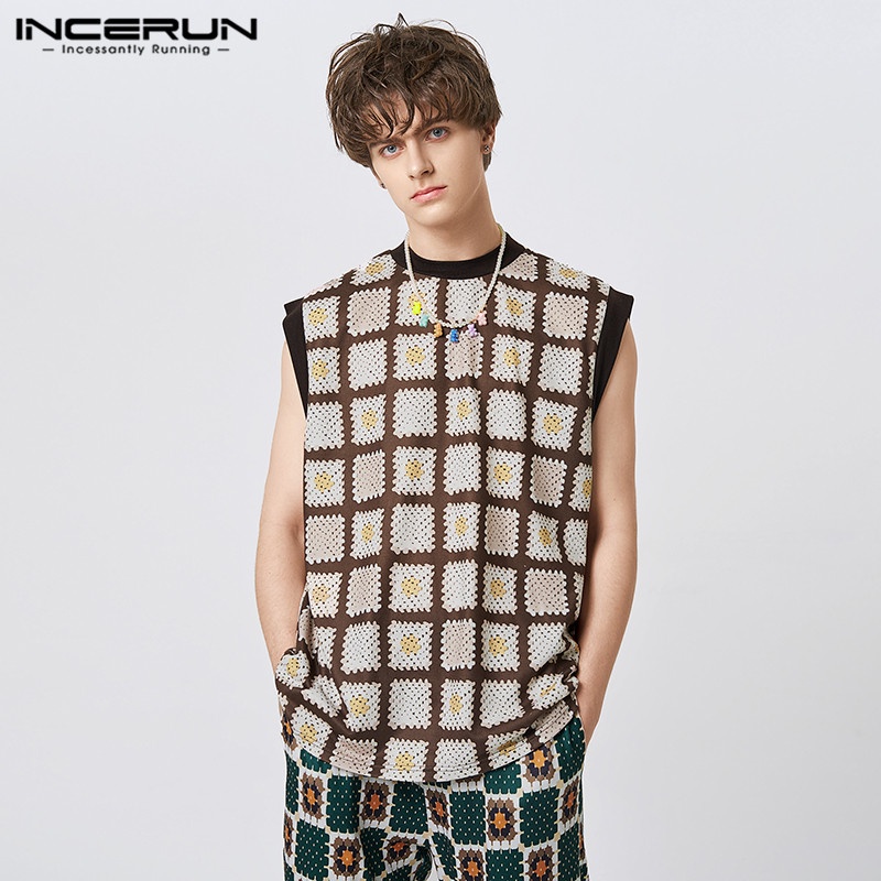 INCERUN Men's small fresh window plaid round neck sleeveless vest ...