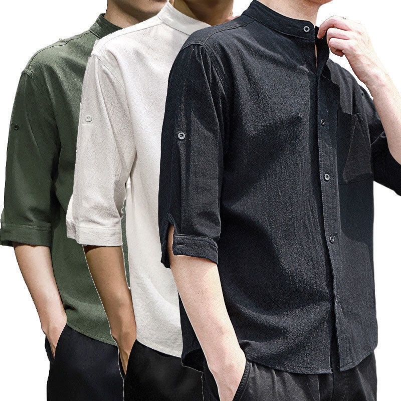 Cotton linen stand collar shirt men short sleeve slim fit plain color ...