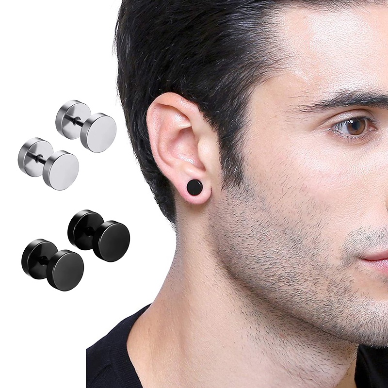 2Pc Punk Men'S Stud Earrings Barbell Punk Gothic Stainless Steel Ear ...