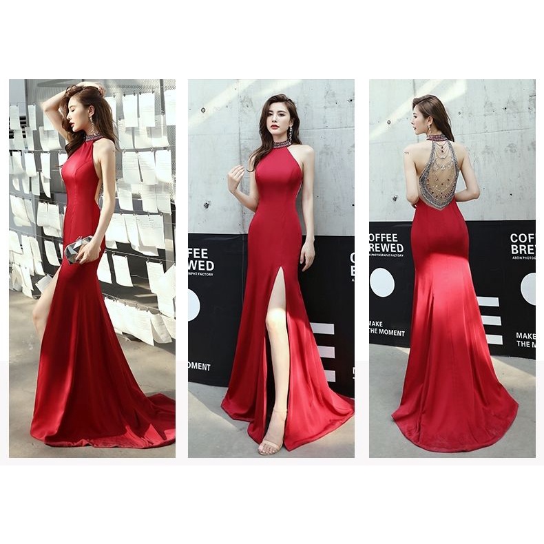 Maroon Mermaid Halter Diamond Back Dinner Gown Plus Size [PD1326 ...