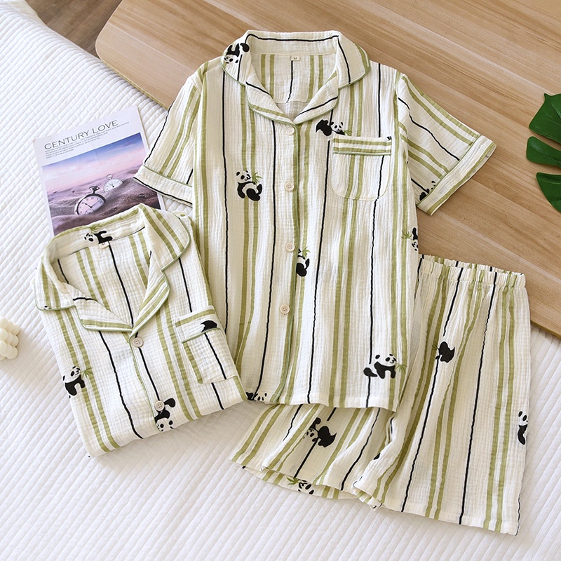 [Ready Stock] Women & Men 100% Cotton Crepe Short Sleeve Shorts Pajama ...