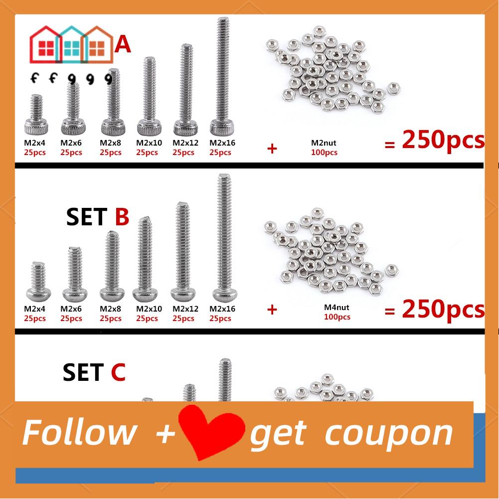 Ffggg 250pcs M2 Hex Socket Screws Bolt With Nuts Assortment A2 ...