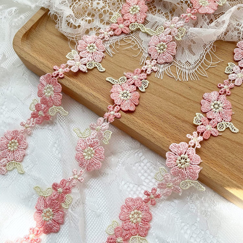 1 Yard Pink Lace Fabric Embroidery Flower Trims For Dresses Decorative ...