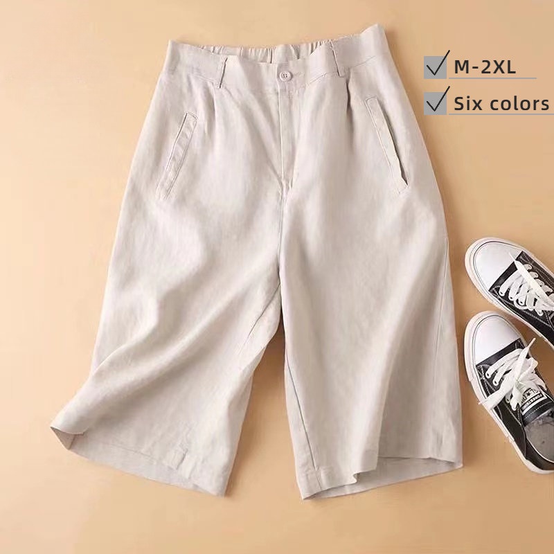 M~2XL Women's New Summer Cotton Wide Leg Five-point Pants Elastic High ...