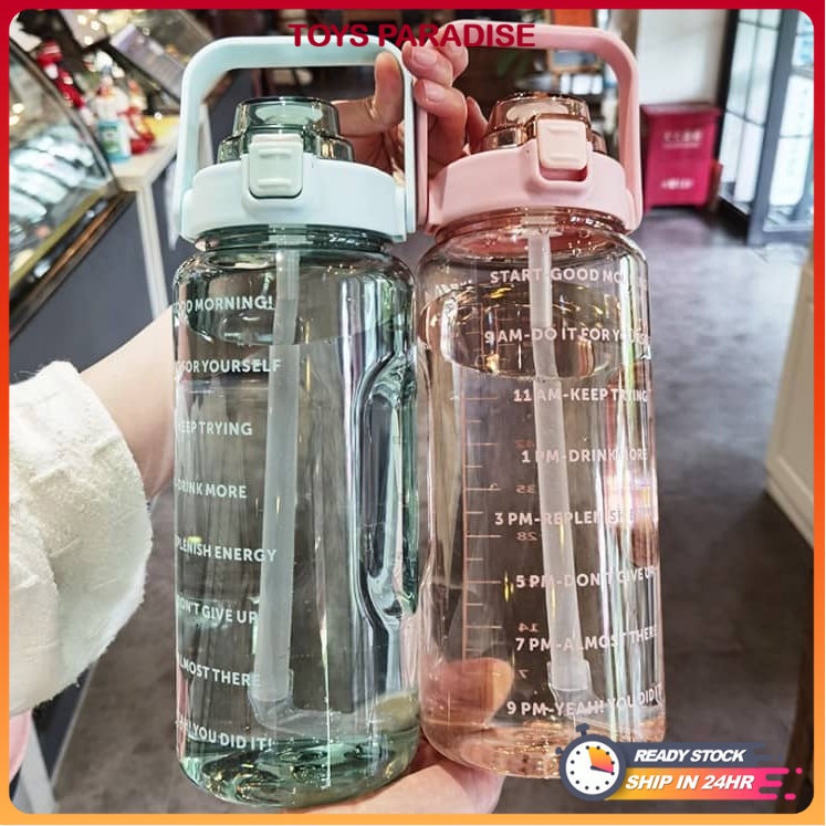 [MalaysiaStock] 2000ml Large Capacity Reminder Water Bottle Straw Scale Big Bottle 2Liter Gym ...
