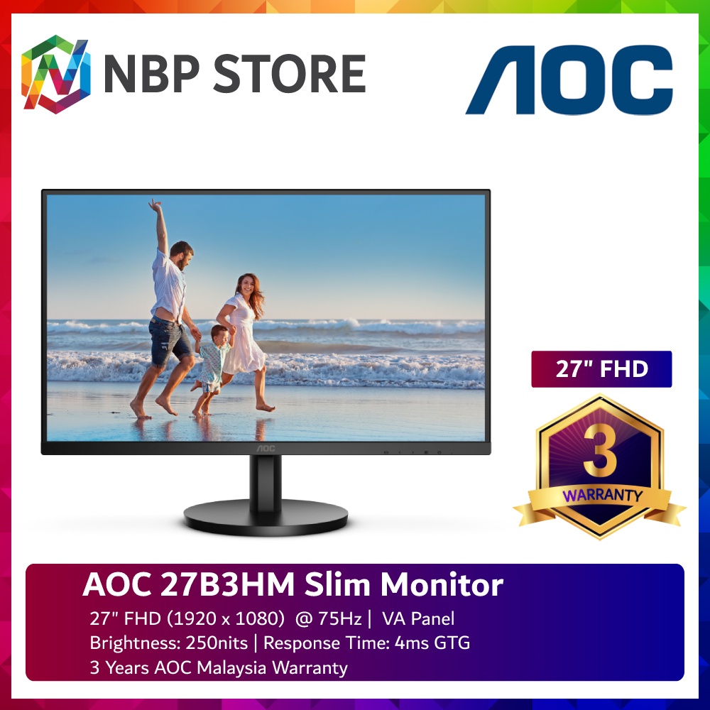 AOC 27B3HM 27" FHD Frameless Slim Monitor ( HDMI, VGA, 3 Yrs Warranty ...