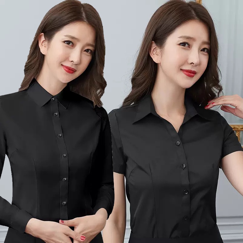 Women Long Sleeve Solid Black Blouse Female Work Top Shirts Officewear ...