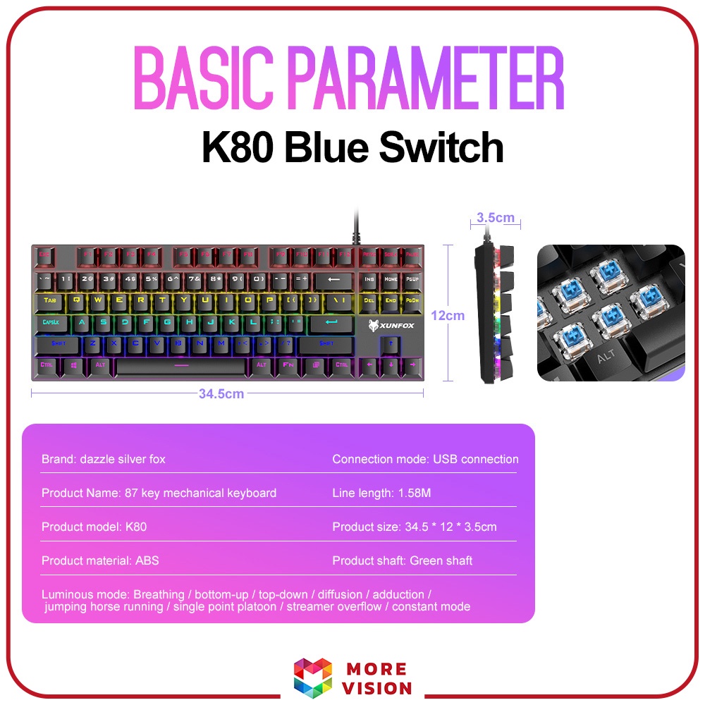 XUNFOX K80 K10 Gaming Mechanical Keyboard USB Luminous RGB Light Color ...